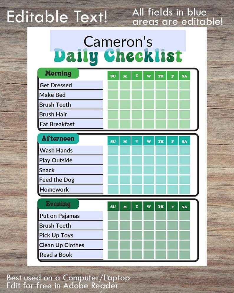 Kid's Daily Chore and Reward Chart Checklist Weekly Routine Printable ...