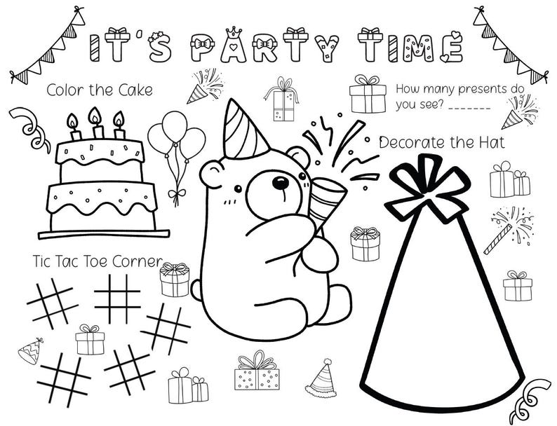 Kids Birthday Party Activity Placemat | Printable Coloring Sheet (PDF ...