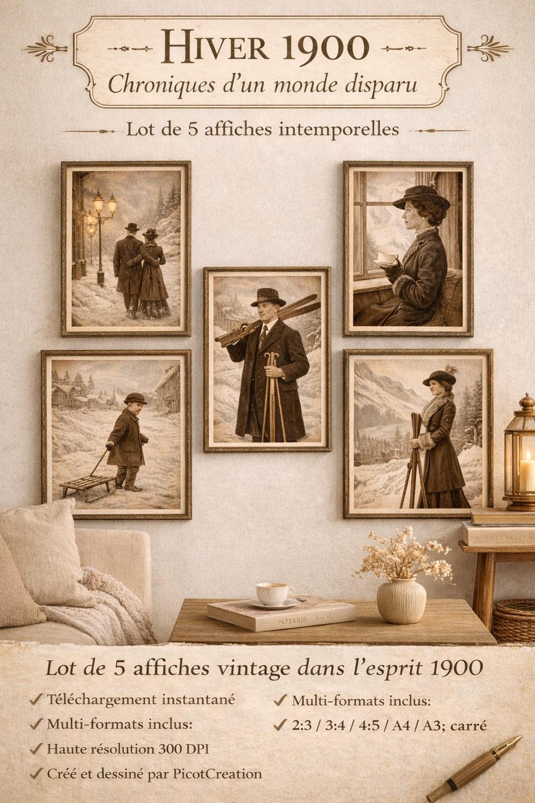 Set of 5 Vintage Winter 1900 Posters – Antique Wall Art, Elegant Wall ...