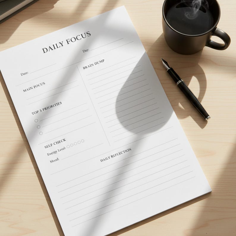 Daily Focus Planner Printable | Minimal Productivity & Reflection Page ...