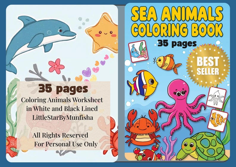 Ocean Animals Coloring Book, 35 Pages (PDF Download - Etsy