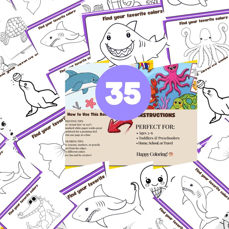Ocean Animals Coloring Book, 35 Pages (PDF Download - Etsy