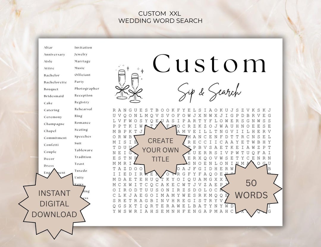 Custom Wedding Word Search Game, Printable Bridal Shower Activity, Sip ...