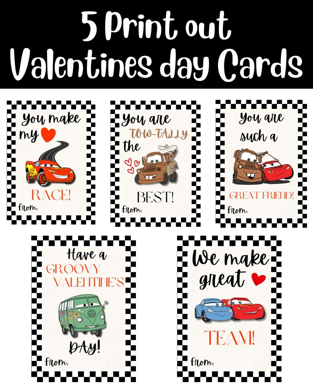 Car Valentines Day Cards for Kids | Set of 5 Race Car Designs (digital ...