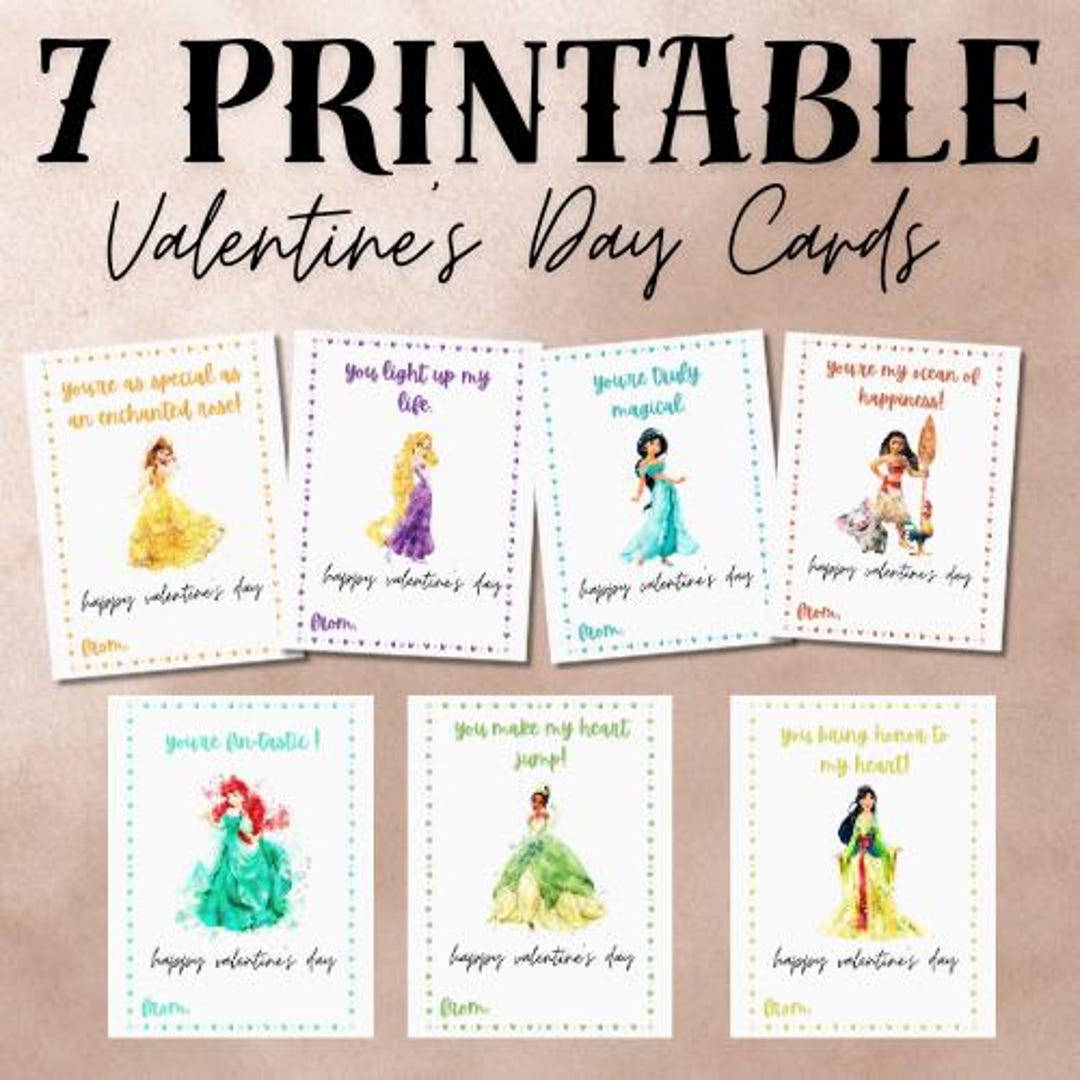 Disney Princess Valentine Cards Printable Set | 7 Princess Valentines ...