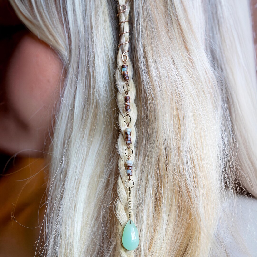 Handmade Hair Jewelry With Green Stone Drop - Boho Braid Jewelry ...