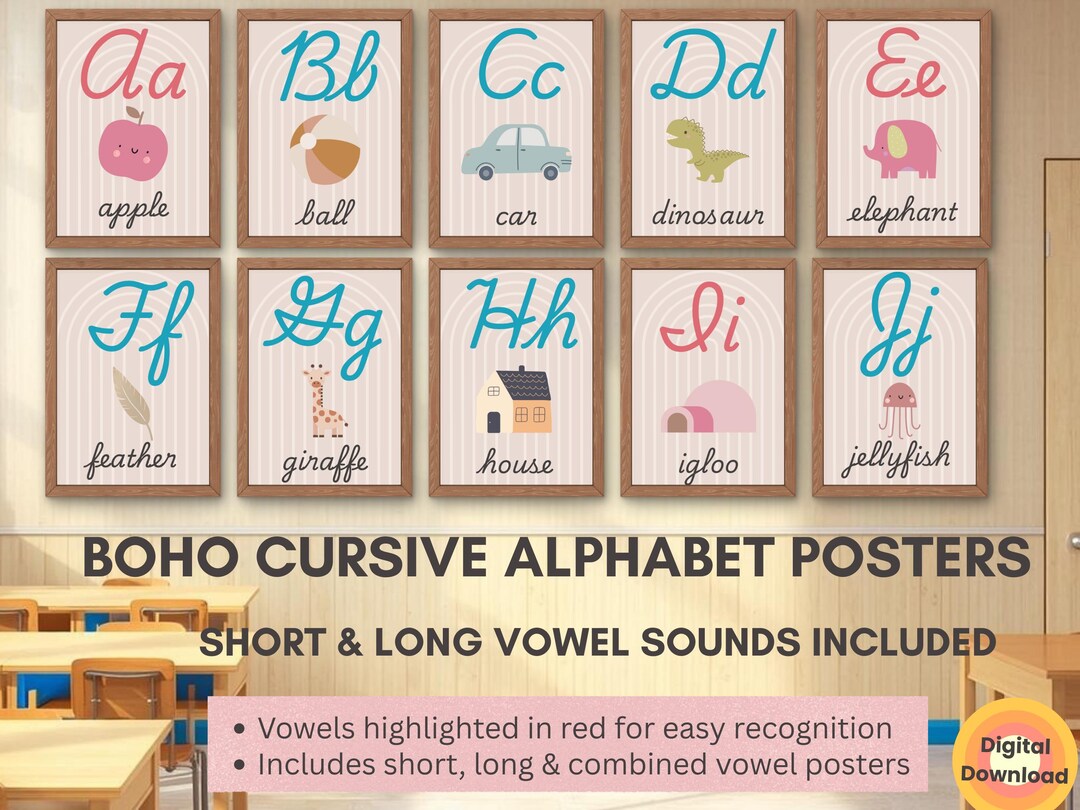 Boho Cursive Alphabet Posters With Short & Long Vowel Sounds - Neutral ...