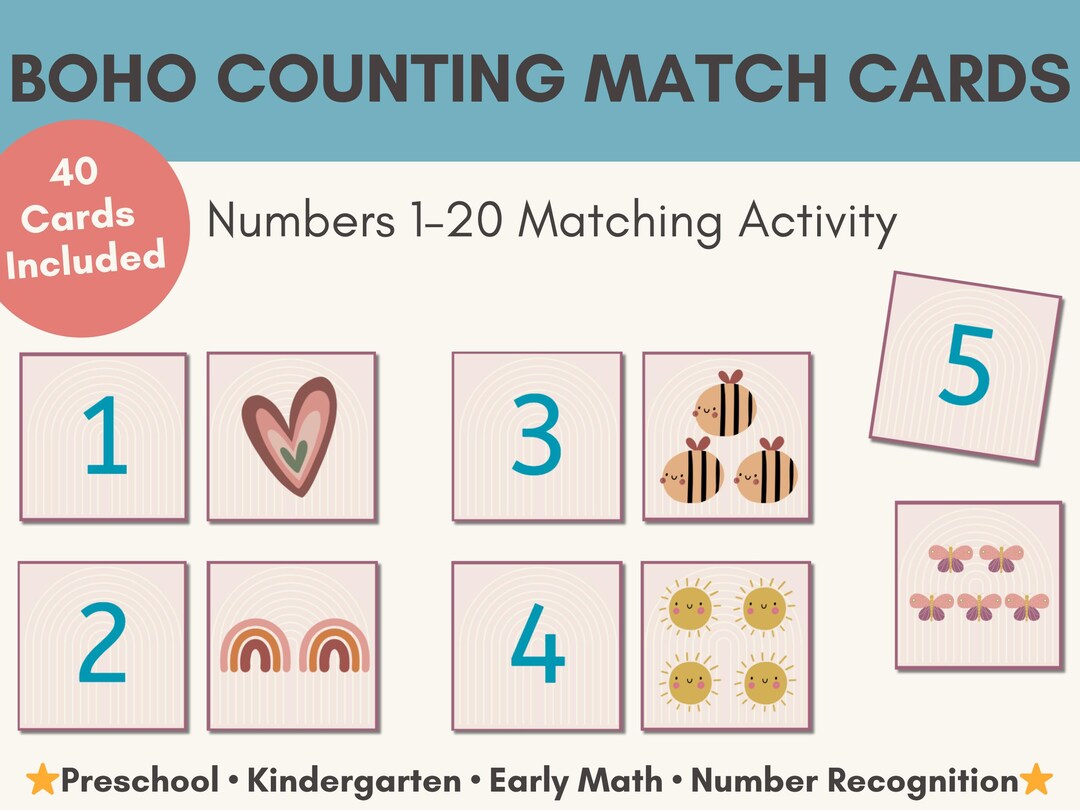 Boho Counting Match Cards | Numbers 1-20 Matching Activity | Preschool ...