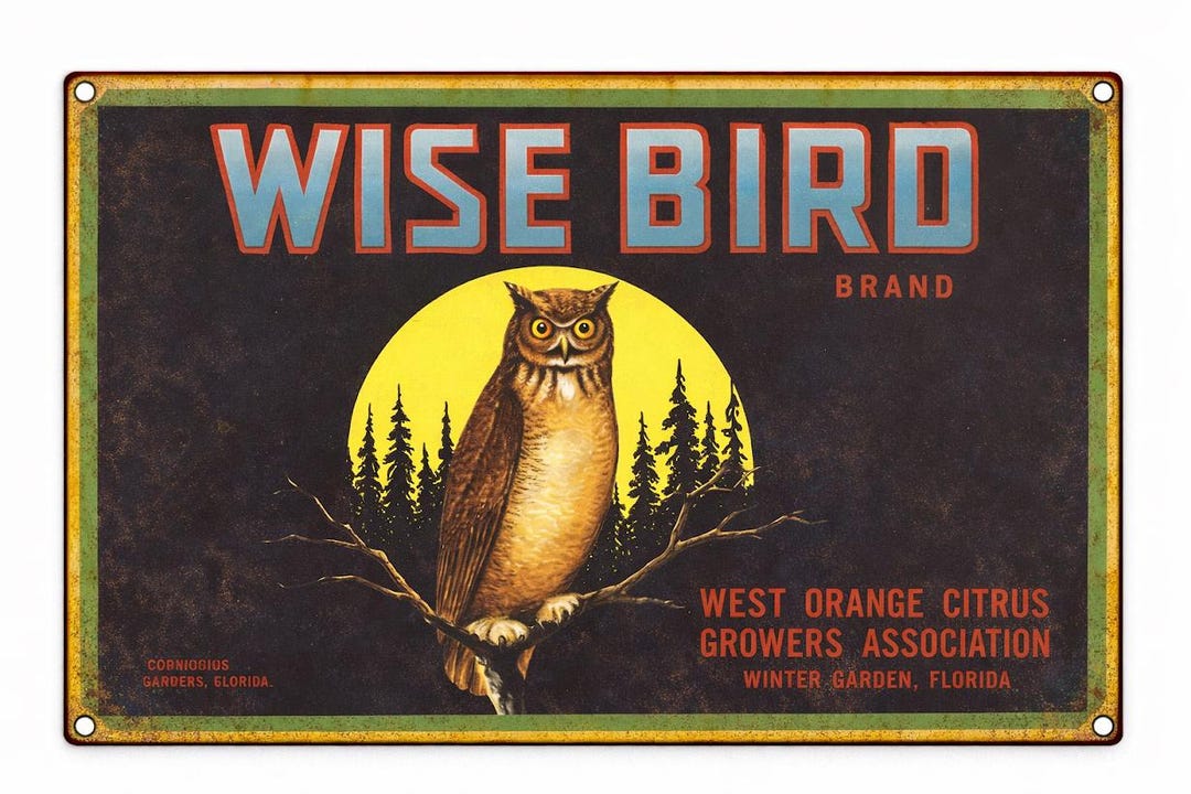 Wise Bird Owl Metal Sign 8x12 – Vintage Produce Crate Label Retro Wall ...