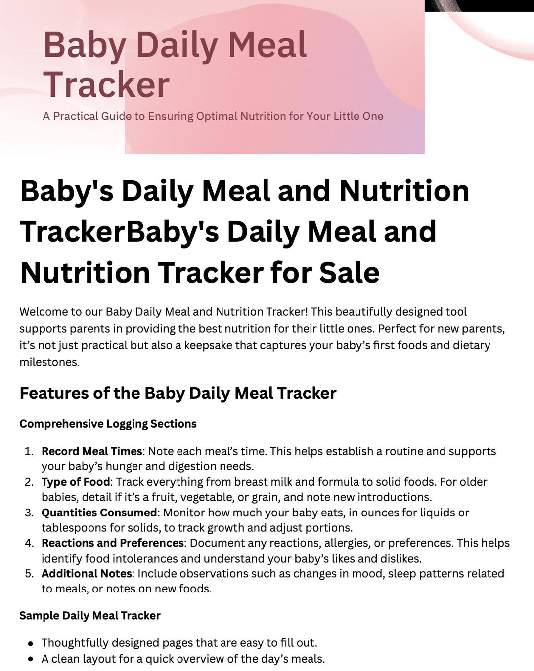 Baby Daily Meal Tracker - Etsy