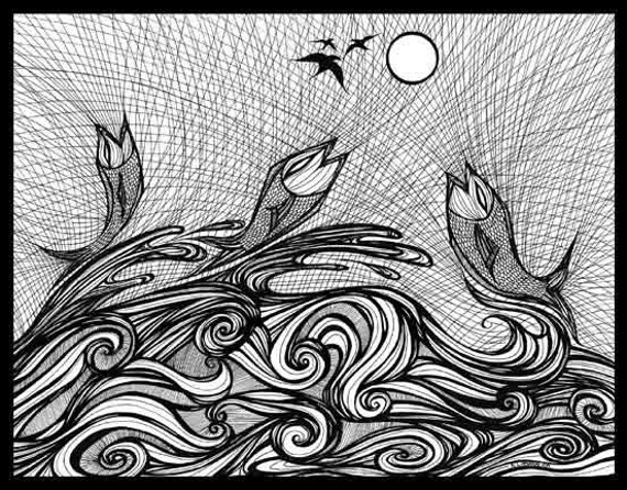 The Ocean Blue Pen and Ink Black and White Drawing Water | Etsy