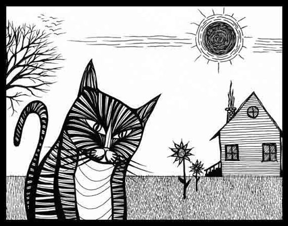 Cat in Contemplation Pen and Ink Black and White Drawing | Etsy