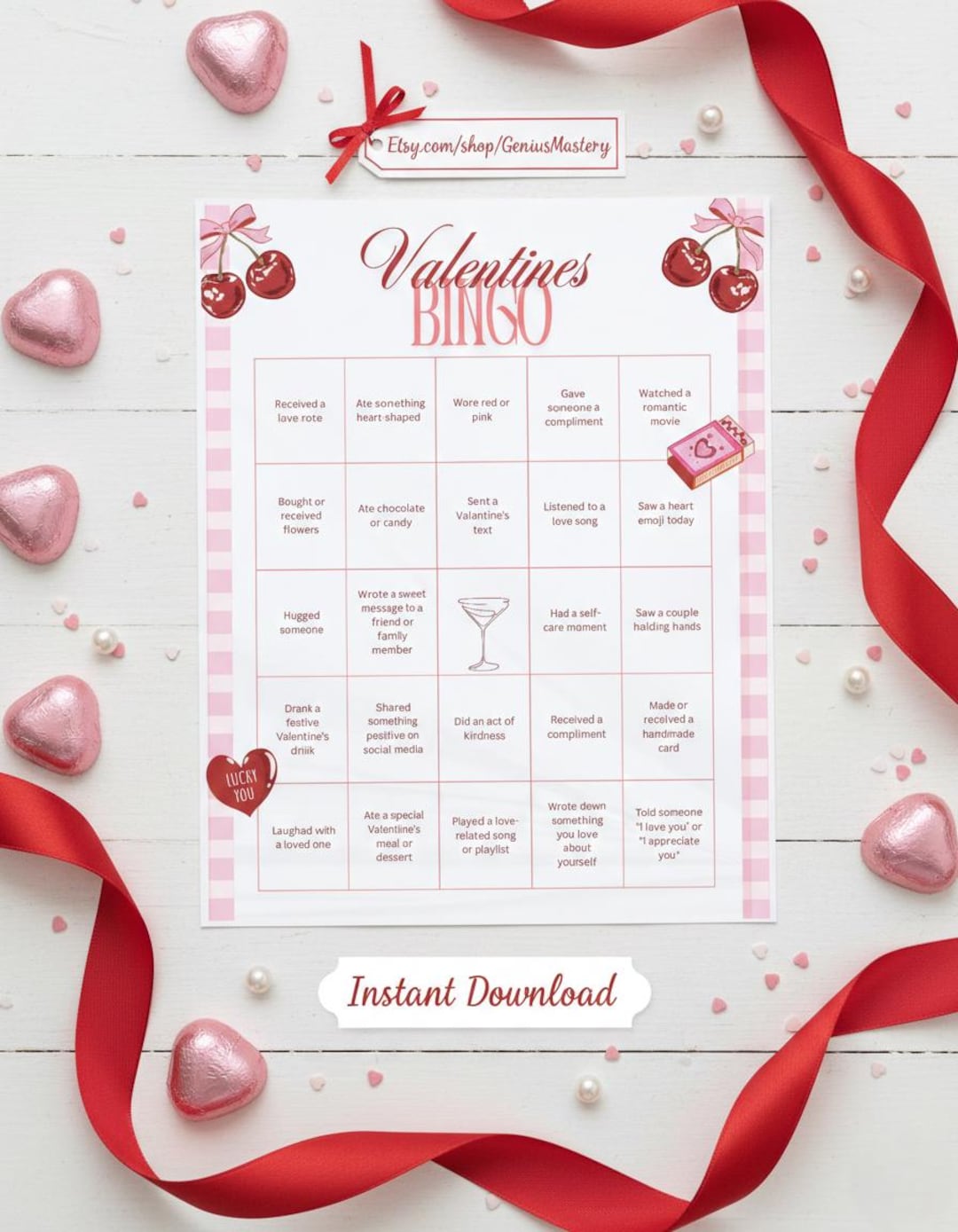 Valentine’s Day Bingo Printable Game | Cute Pink Valentine Bingo Card ...