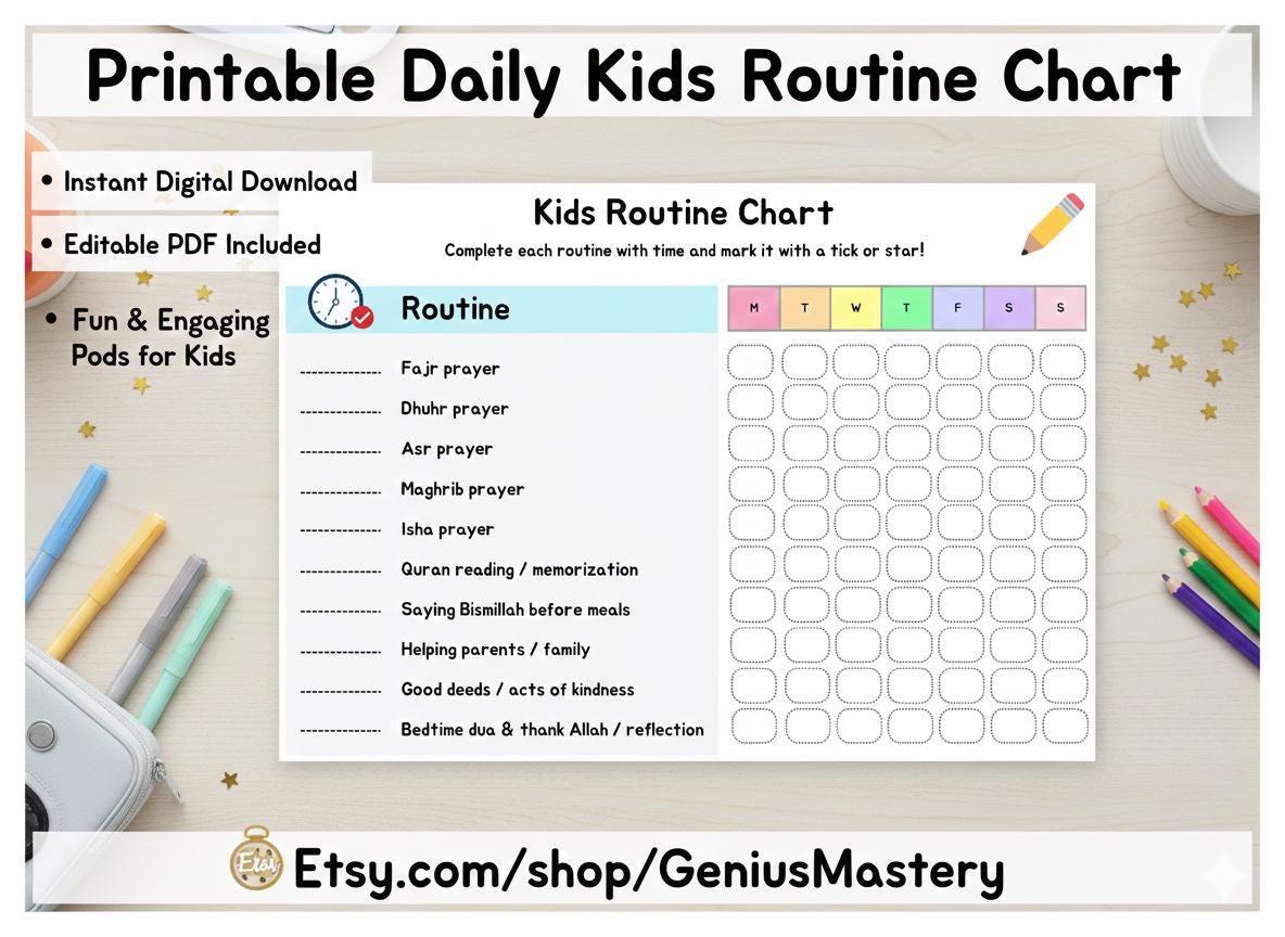 Kids Islamic Routine Chart Printable | Daily Salah Prayer Tracker for ...