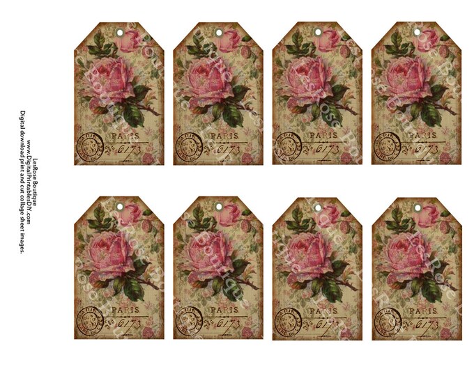 French Gift Tags Vintage Roses With Paris Postmark Old Paper Look ...