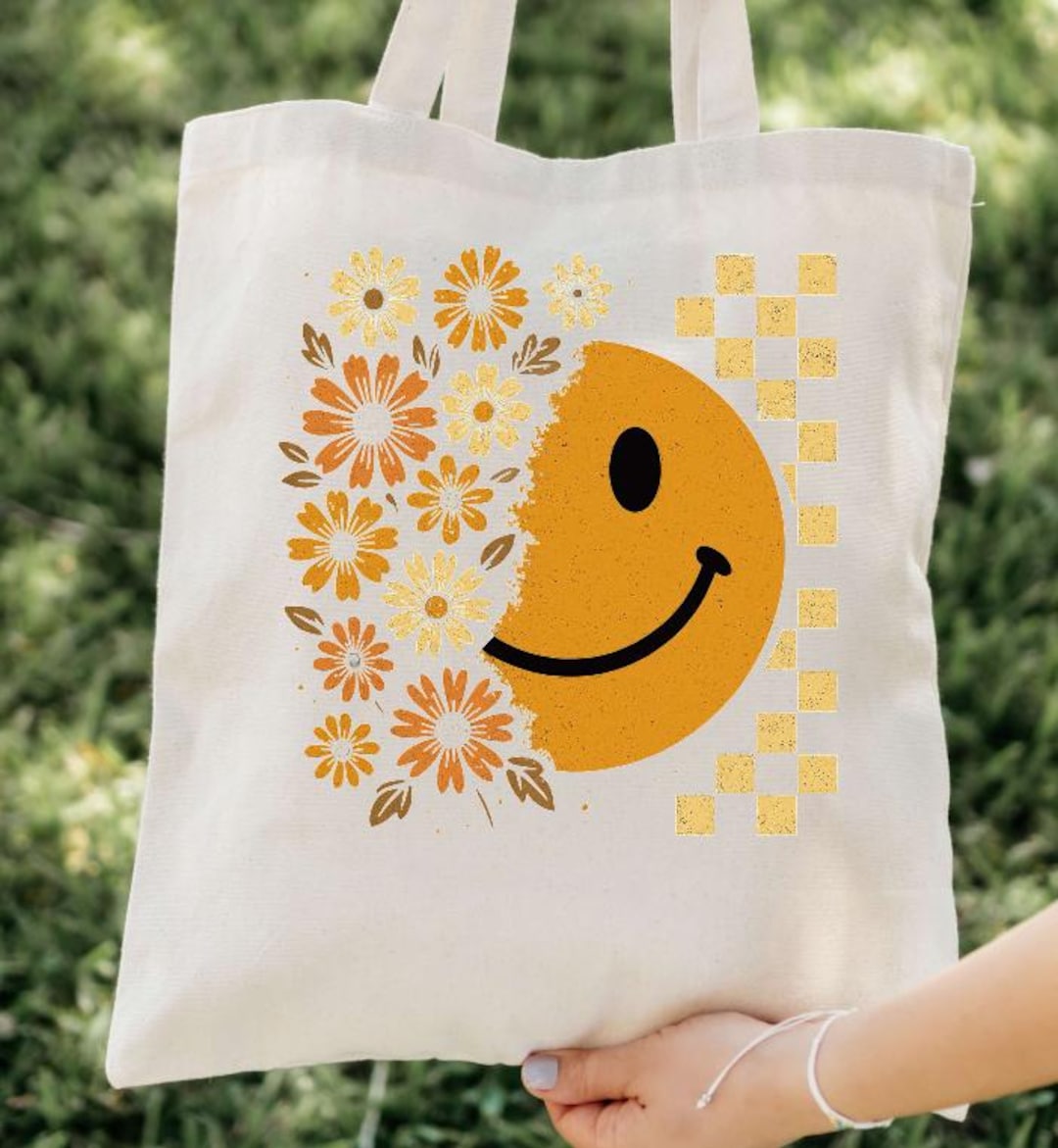 Retro Smiley Floral Smiley Face Cotton Tote Bag Bag Gift - Etsy