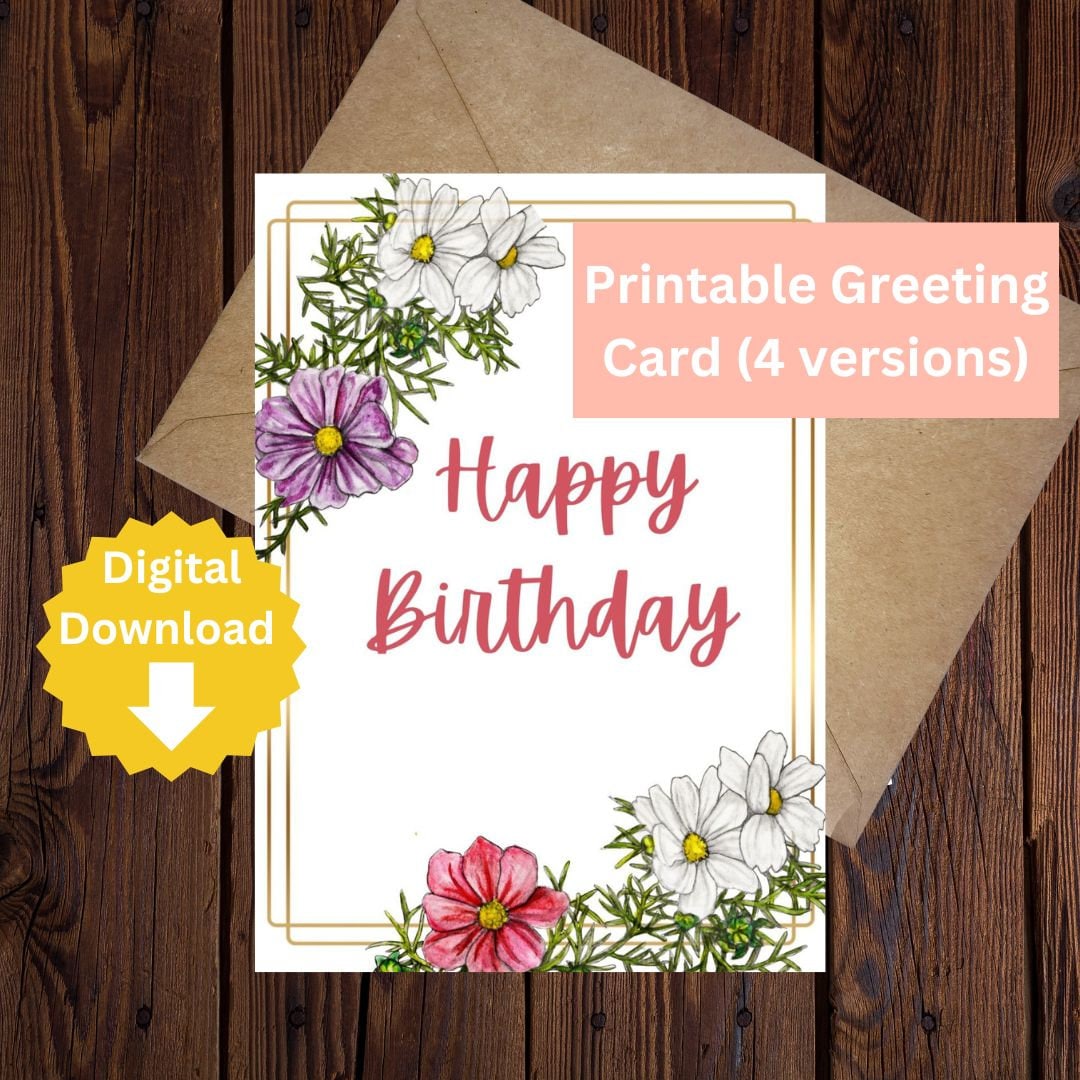Happy Birthday Card Cosmos Flowers Printable Download - Etsy