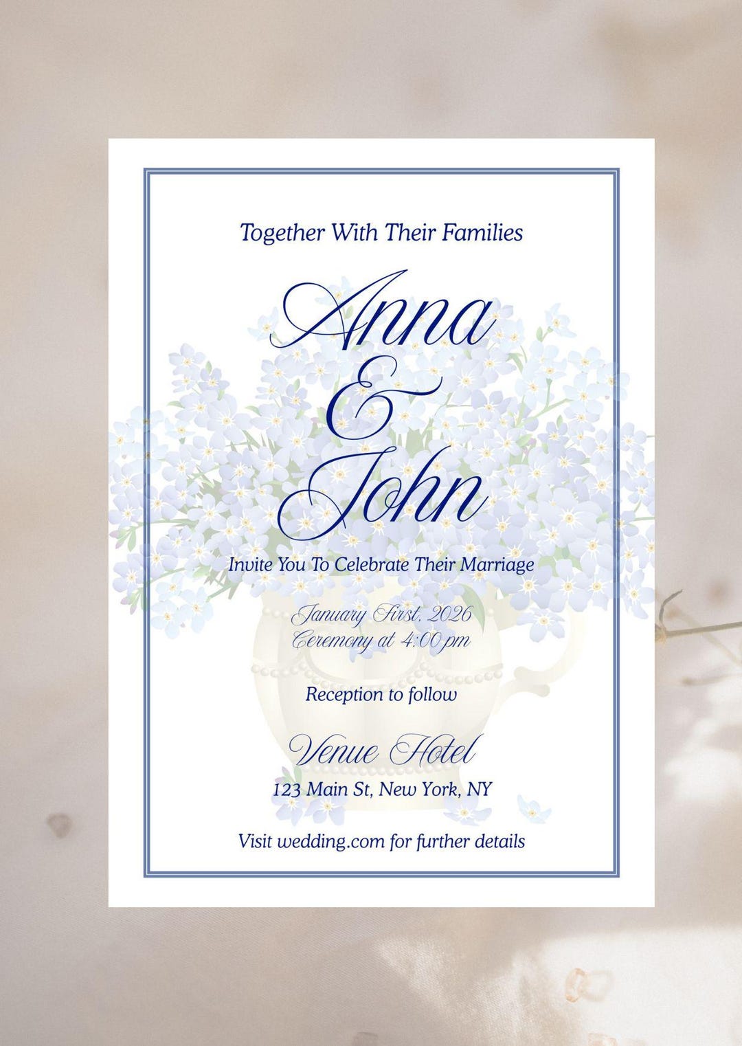 Canva Editable Blue Floral Wedding Invitation Template, Bridal Shower ...