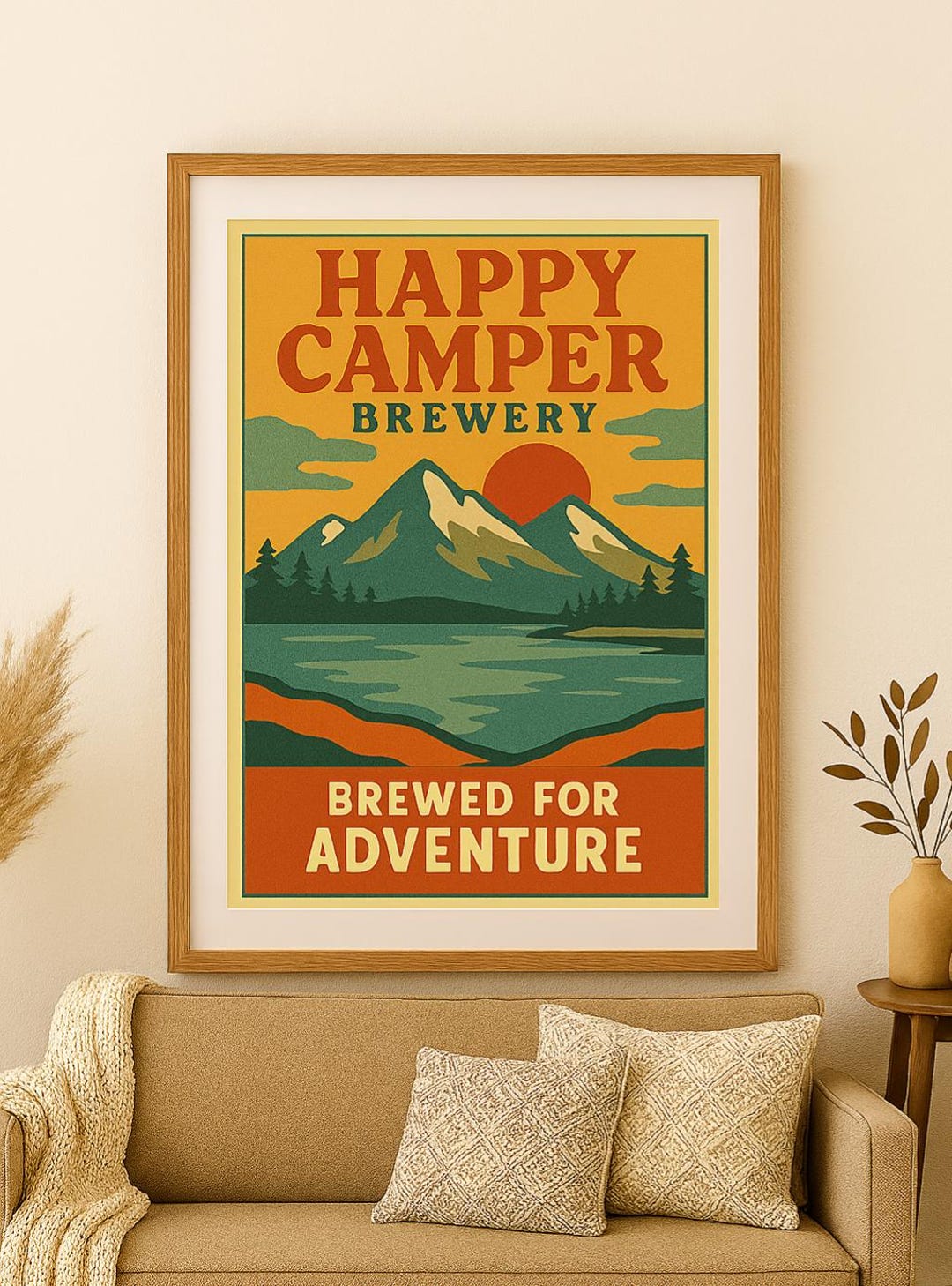 Vintage Beer Poster | Happy Camper Brewery | Retro Mountain Wall Art ...