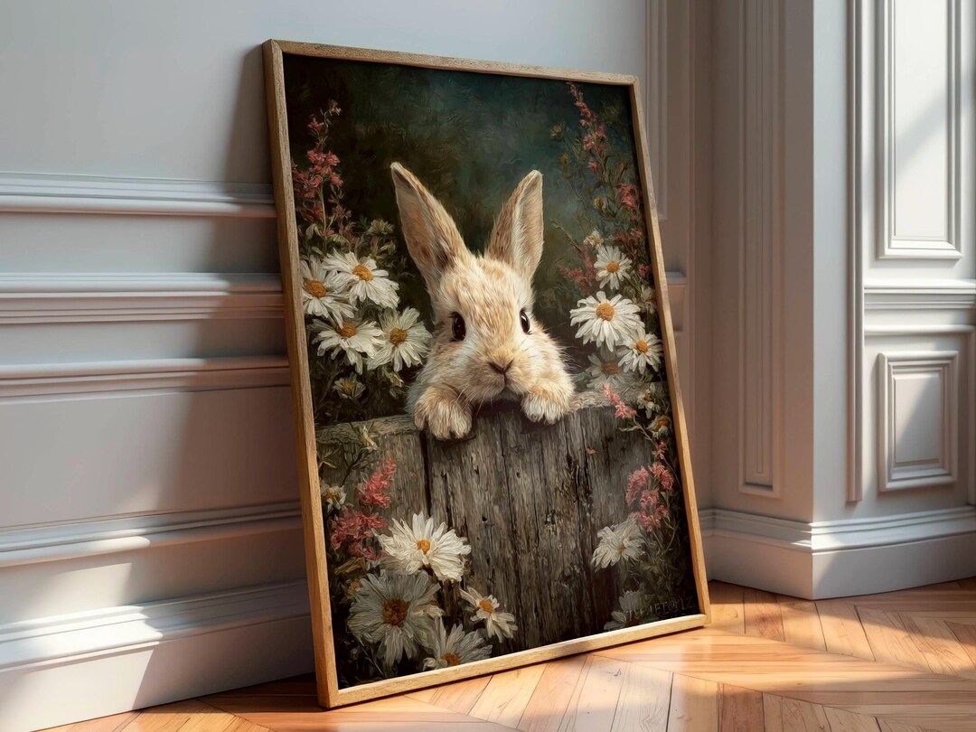 Moody Easter Bunny Wildflowers Wall Art - Dark Academia Print - Vintage ...