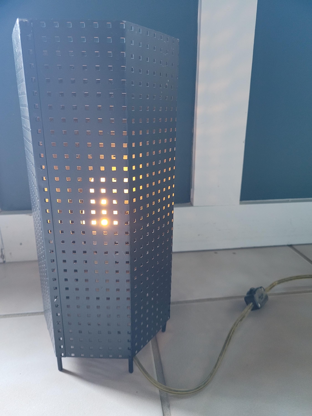 MCM Vintage Perforated Metal Black Table Lamp Geometric Lighting Mid ...