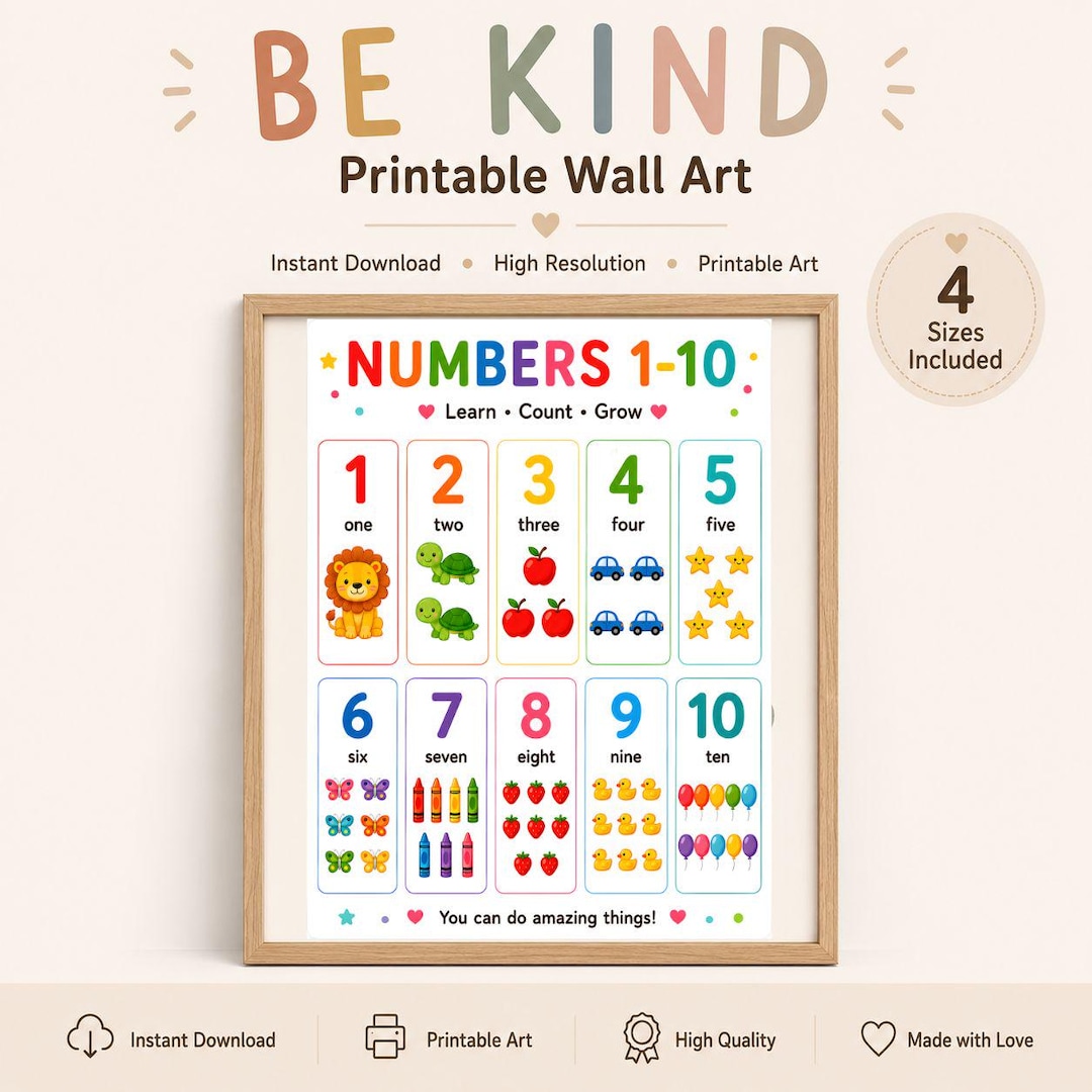 Numbers 1-10 Poster | Kids Counting Wall Art, Preschool Learning Chart ...