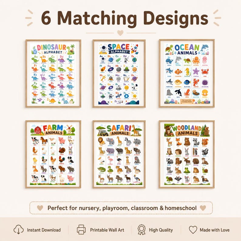 Dinosaur, Space, Animal Alphabet Posters | 6 Printable Learning Bundle ...