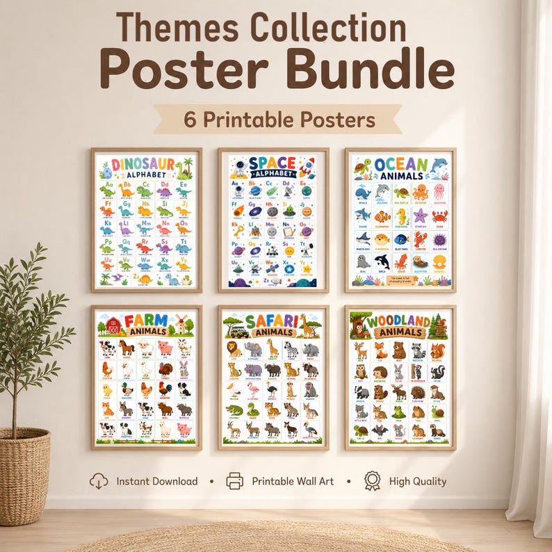 Dinosaur, Space, Animal Alphabet Posters | 6 Printable Learning Bundle ...
