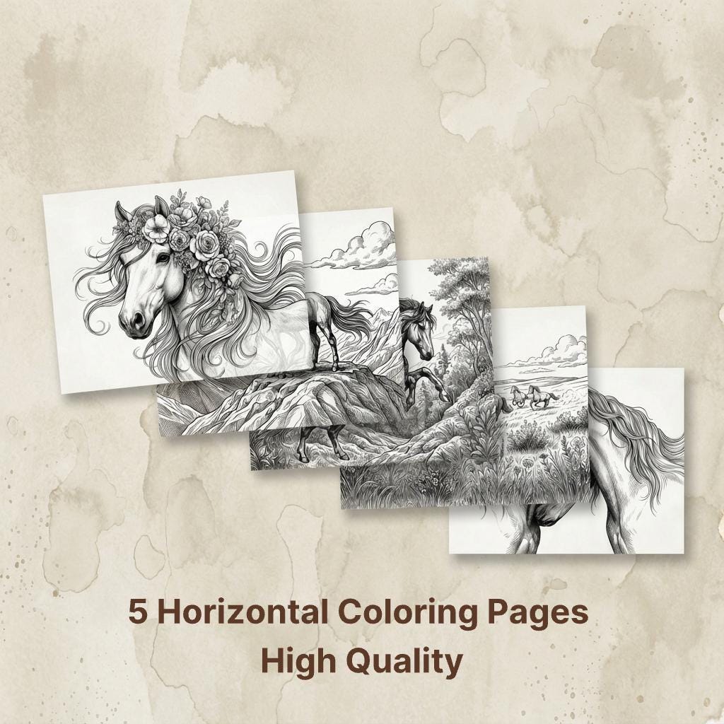 5 Horse Themed Coloring Pages, Adult and Children Equestrian Coloring ...