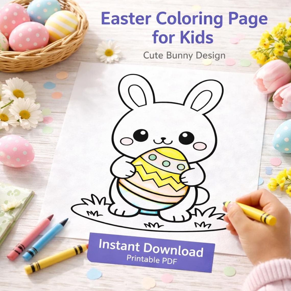 Easter Bunny Coloring Page for Kids – Cute Rabbit With Egg – Printable ...
