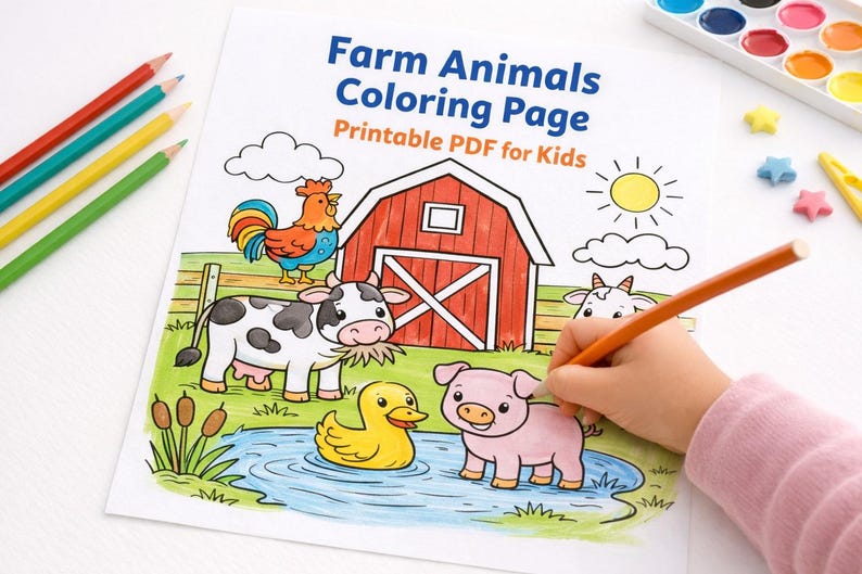 Farm Animals Coloring Page, Cute Barnyard Coloring Page for Kids, Cow ...
