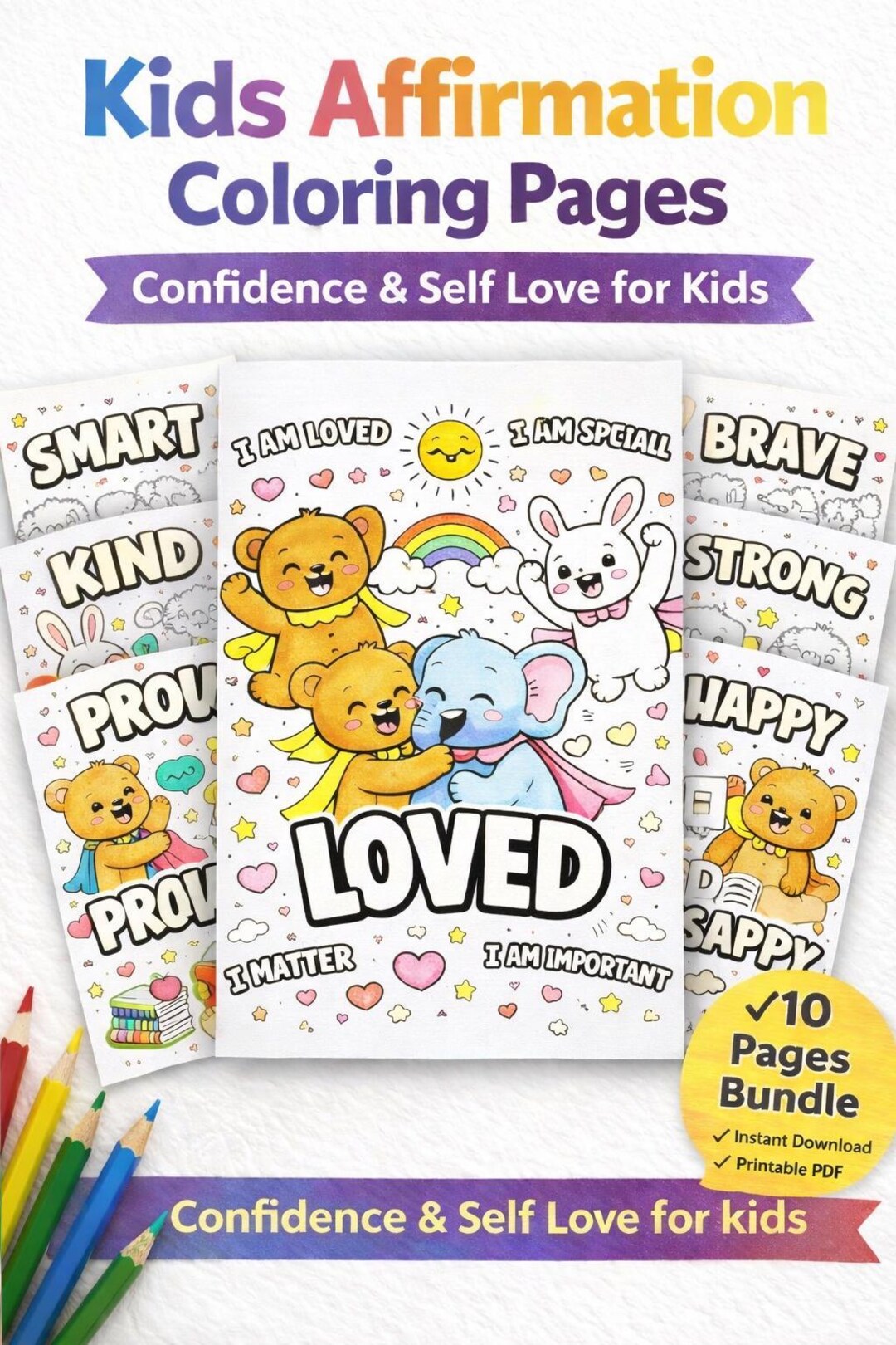 Kids Affirmation Coloring Pages Bundle, Self Love Printable for Kids ...