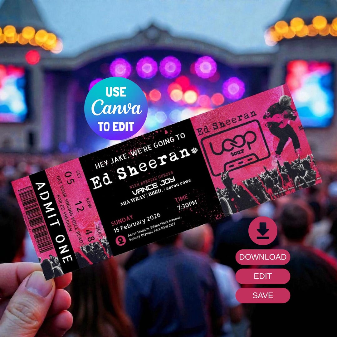 Ed Sheeran Concert Ticket Template | Surprise Gift (digital Download ...