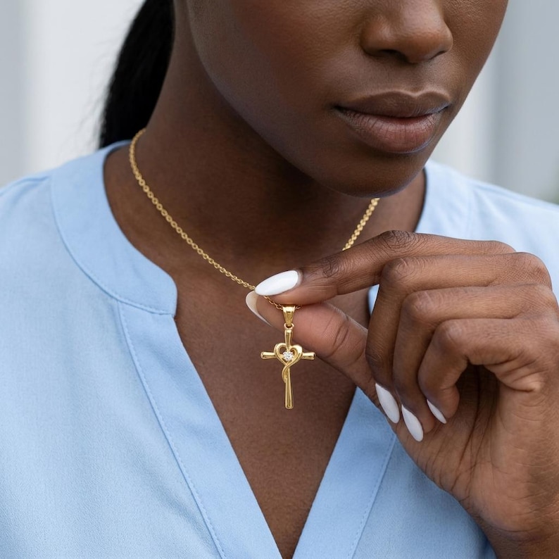 Gold Heart Cross Necklace, Dainty Religious Pendant Necklace ...