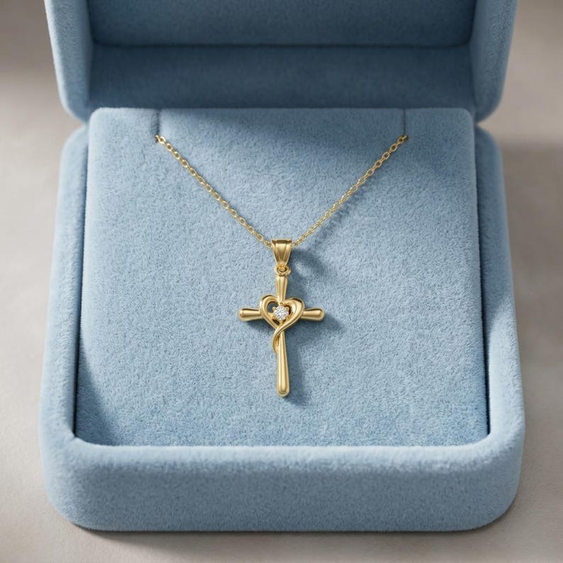 Gold Heart Cross Necklace, Dainty Religious Pendant Necklace ...