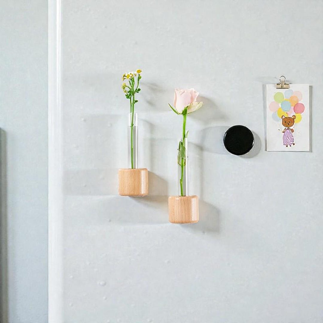 Magnetic Wall Bud Vase, Test Tube Vase, Tall Glass Vase With Wooden ...