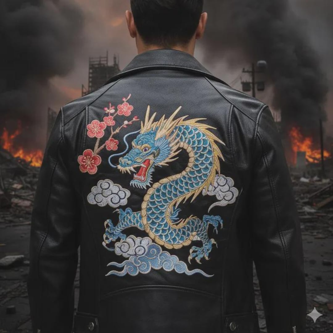 Midnight Crane Leather Sukajan Jacket | Embroidered Bomber | Japanese ...