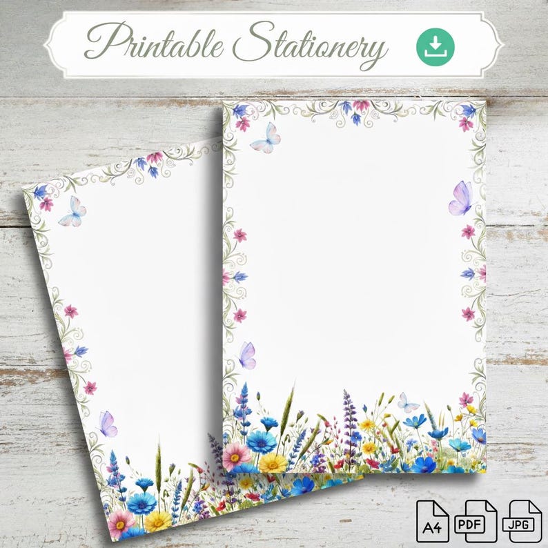 Floral Printable Stationery, Wildflowers and Butterflies, Watercolor ...