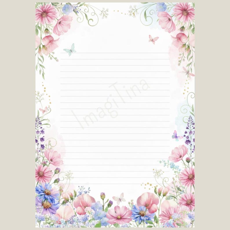 Printable Digital Stationery With Pink, Purple, and Blue Wildflower and ...