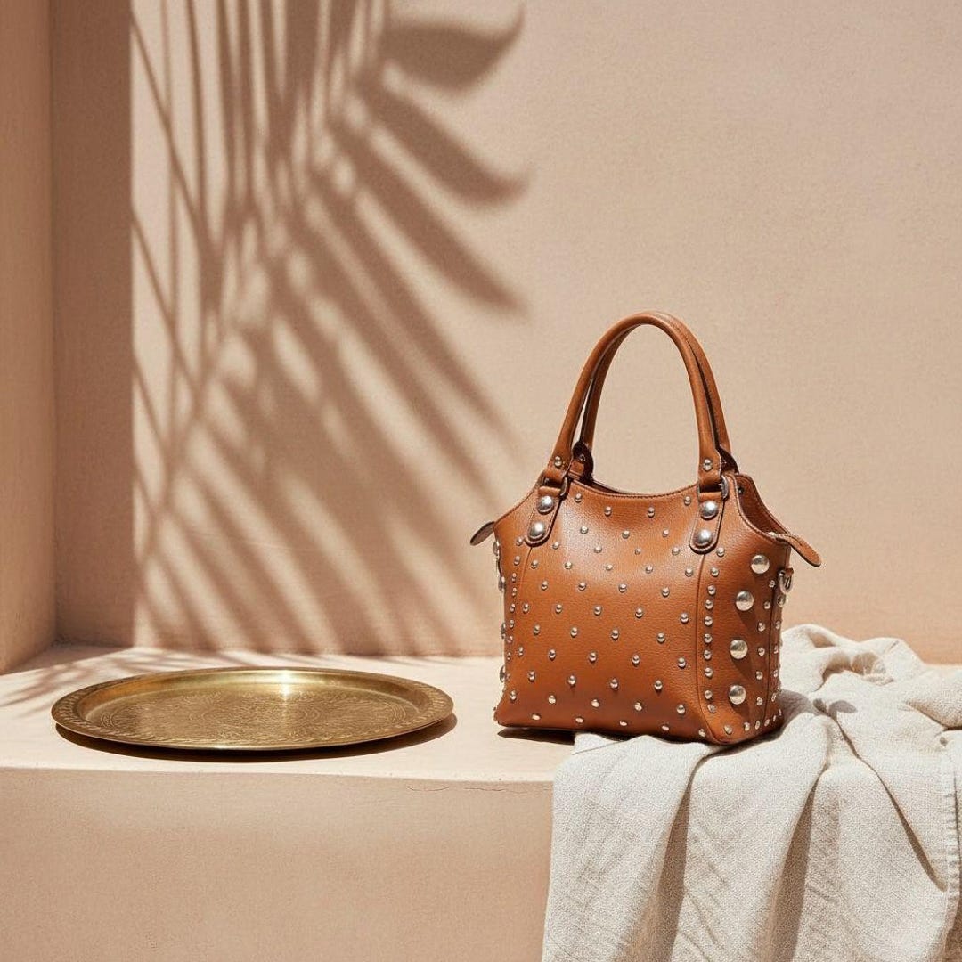 Handmade Moroccan Leather Tote Bag – Brown Studded Leather Handbag ...