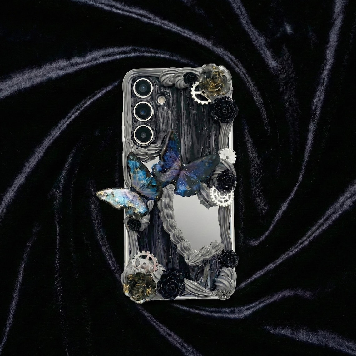 Blue Butterfly Heart Mirror Gothic Phone Case, 3D Handmade Decoden Case ...