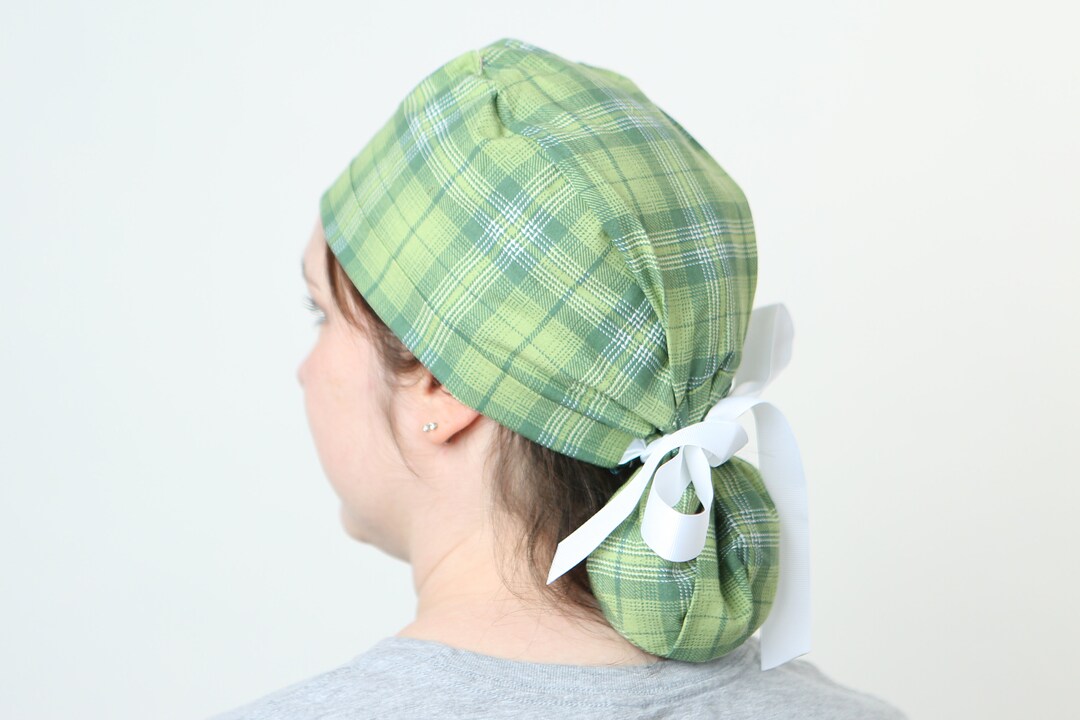 Green Plaid Scrub Cap, Ponytailed Surgical Bonnet, Holiday Gift Idea ...