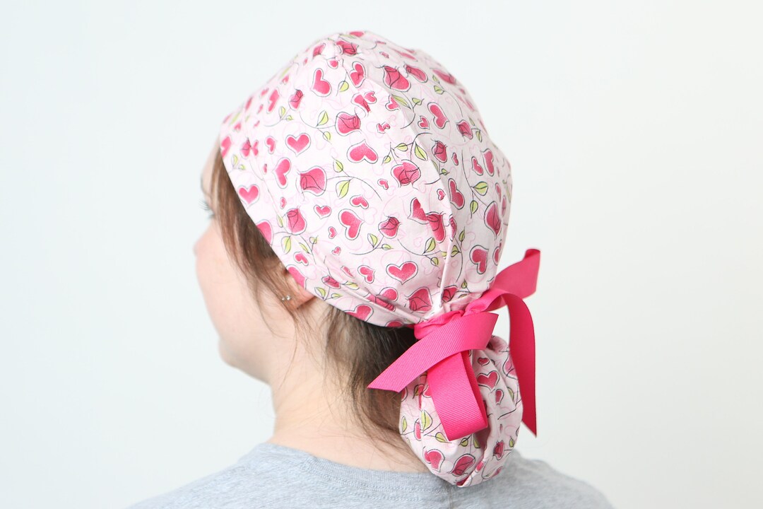 Roses Are Red Scrub Cap, Ponytailed Scrub Cap for Long Hair, Ponytail ...