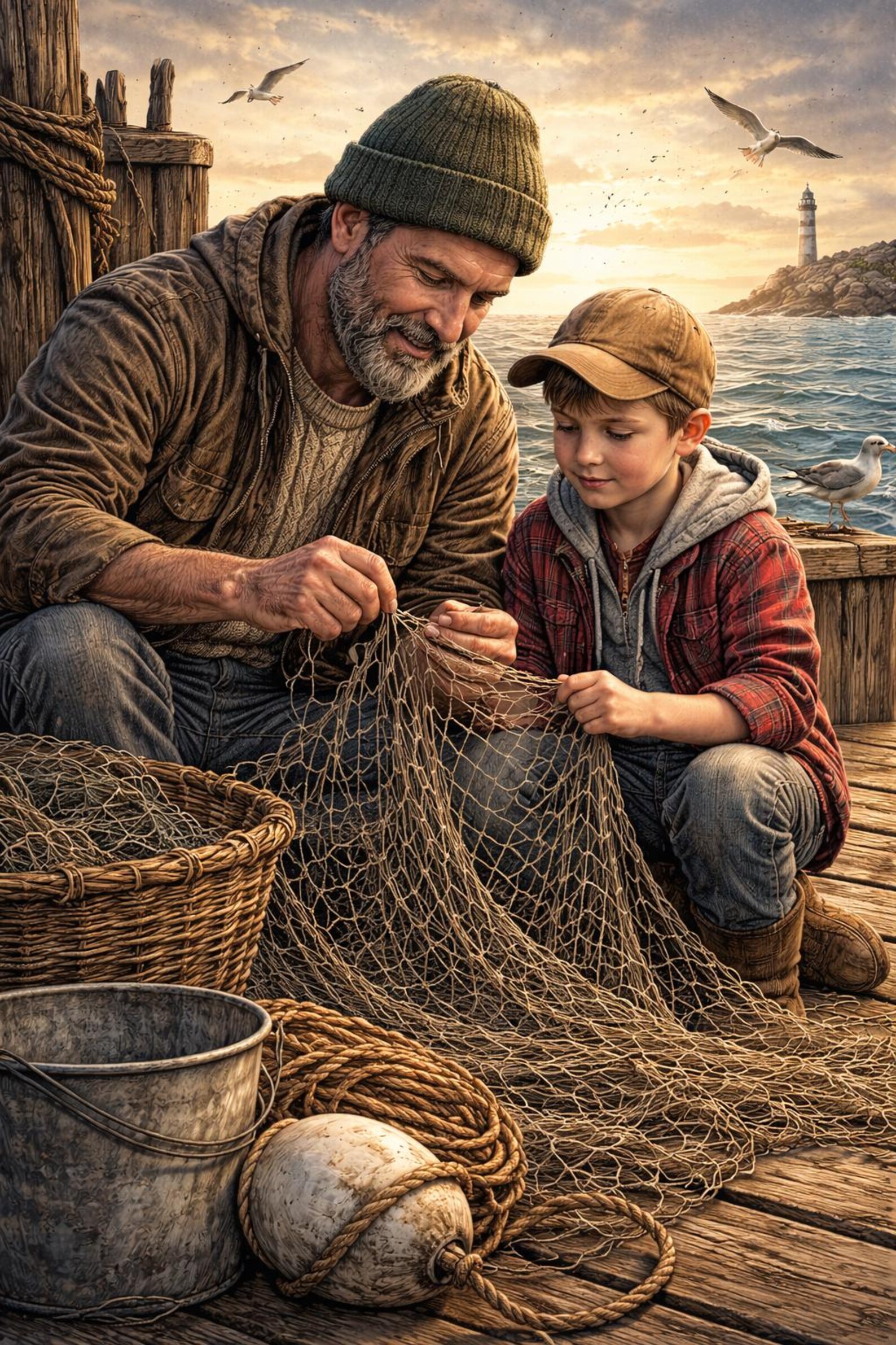 Coastal Fishing Art Print: Father and Son Ocean Wharf Scene - Etsy