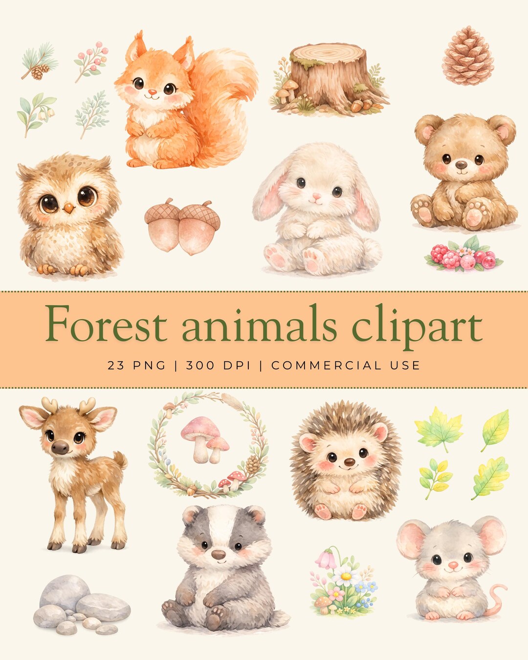Forest Animals Clipart, Cute Woodland Animal PNG, Watercolor Baby ...