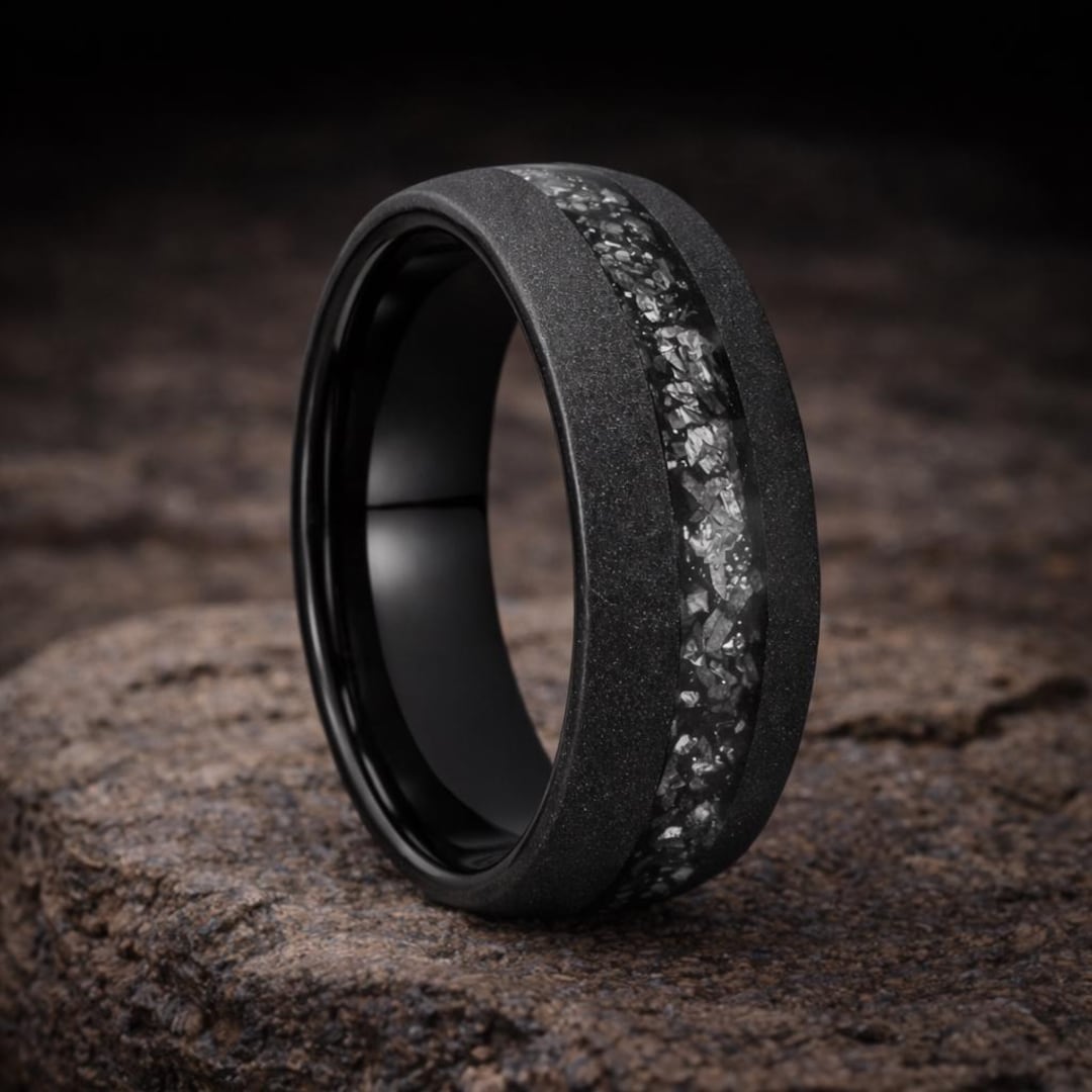 Black Sandblasted Meteorite Tungsten Carbide Ring 8mm Unisex Wedding ...