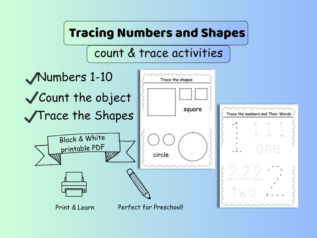 Number & Shape Tracing Worksheets – Preschool Kindergarten Printable ...
