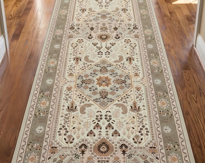 Beige Oushak Style Runner Rug, Non Slip Washable Entryway Carpet - Etsy