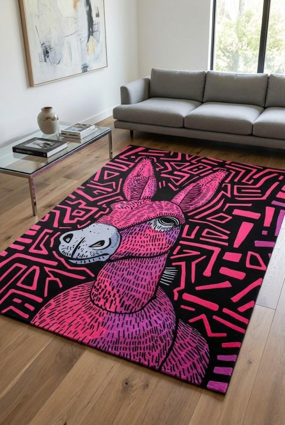 Pink Donkey Area Rug, Neon Gamer Room Decor, Pop Art Animal Carpet ...