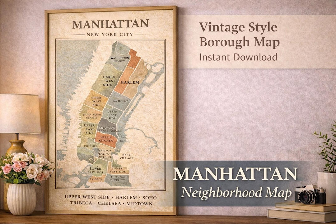 Manhattan Neighborhood Map Printable | Vintage Manhattan Wall Art | New ...